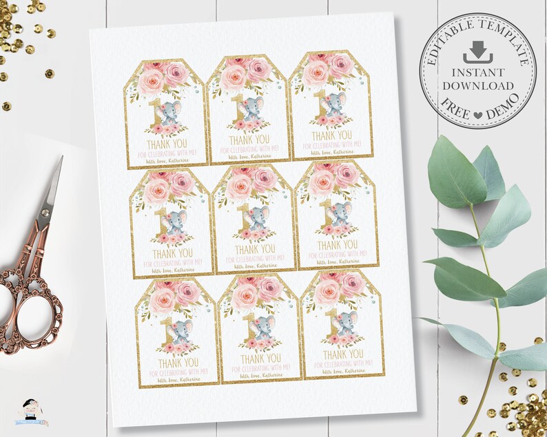 EDITABLE TEMPLATE Elephant 1st Birthday Thank You Gift Favor Tags ...