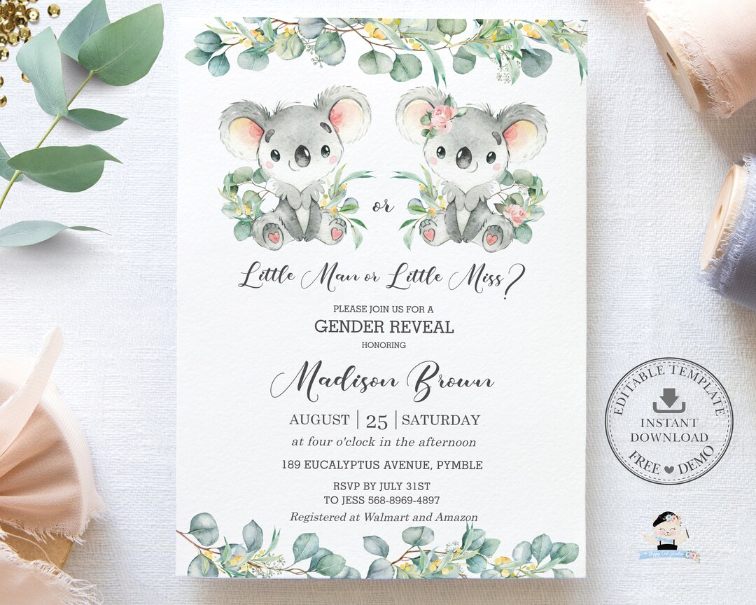 Cute Koala Gender Reveal Invitation, EDITABLE TEMPLATE, Rustic ...