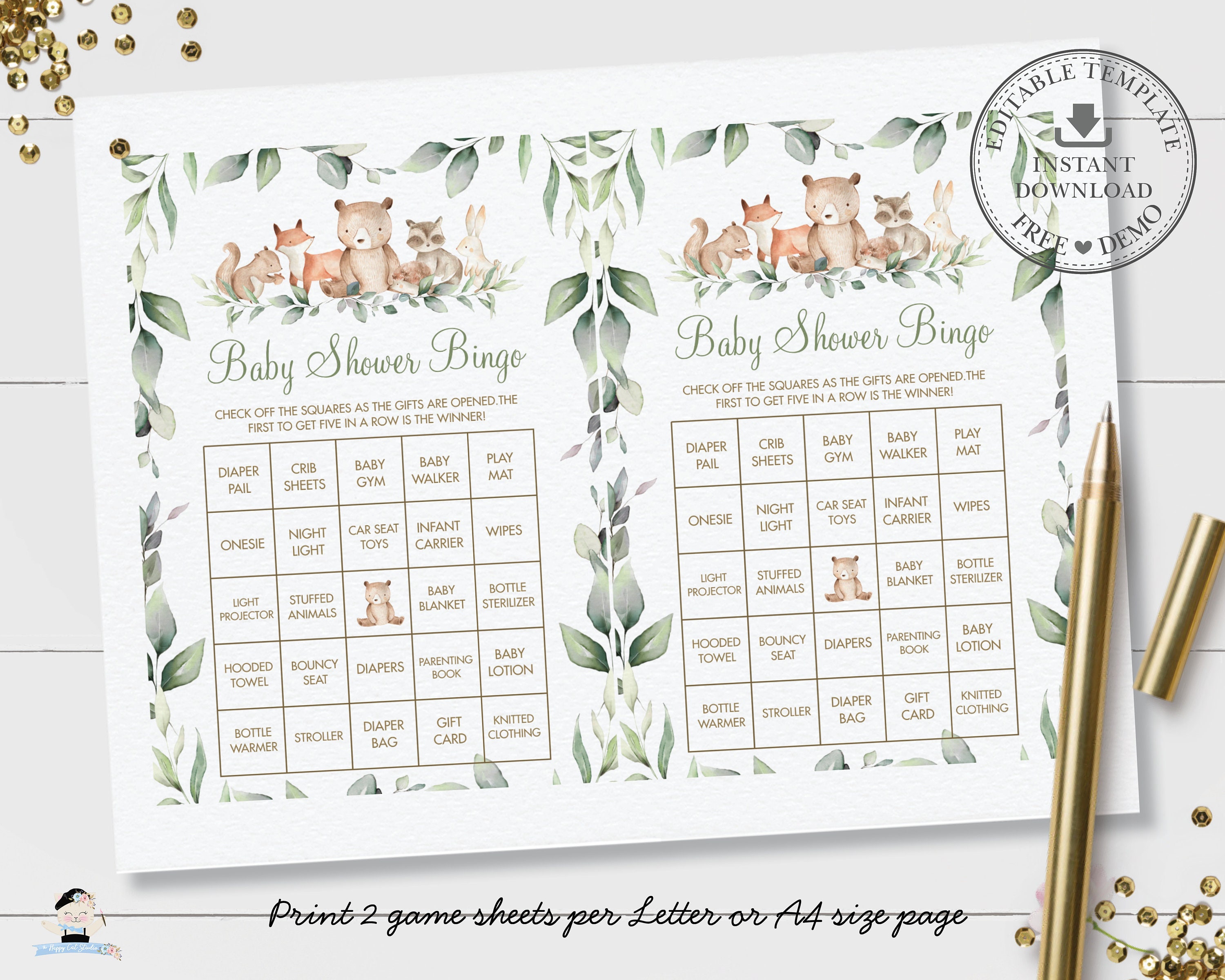 EDITABLE TEMPLATE, Woodland Animals Greenery Baby Shower Bingo Game ...