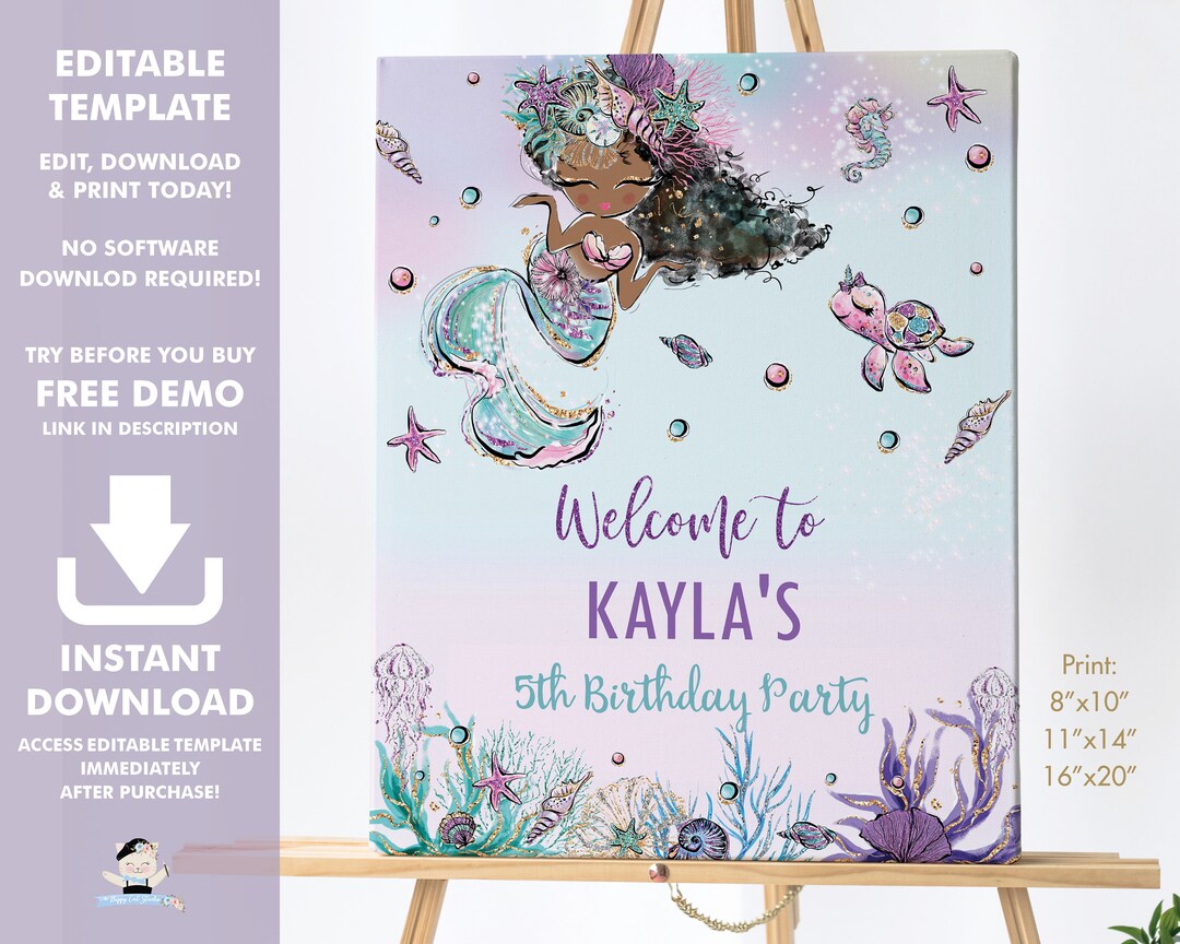 Mermaid Welcome Sign EDITABLE TEMPLATE, African American Baby Shower ...