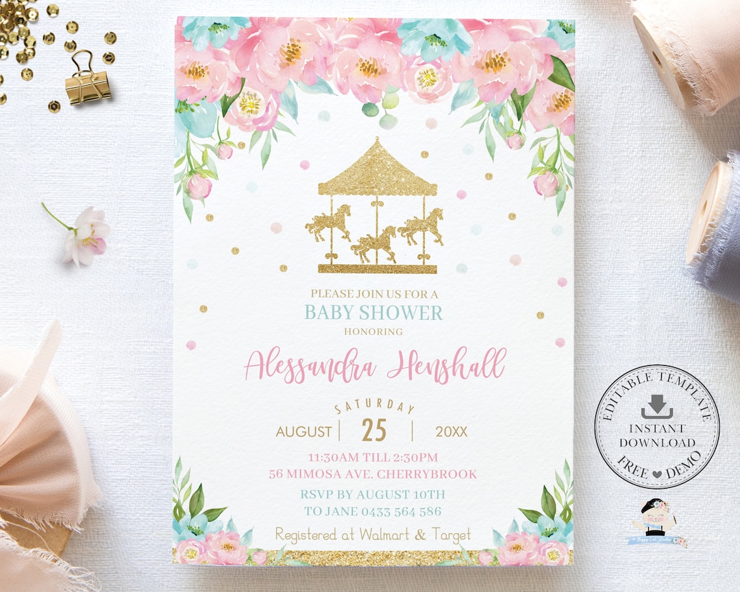Carousel Invitation, EDITABLE TEMPLATE, Girl Baby Shower Invite, Pink ...