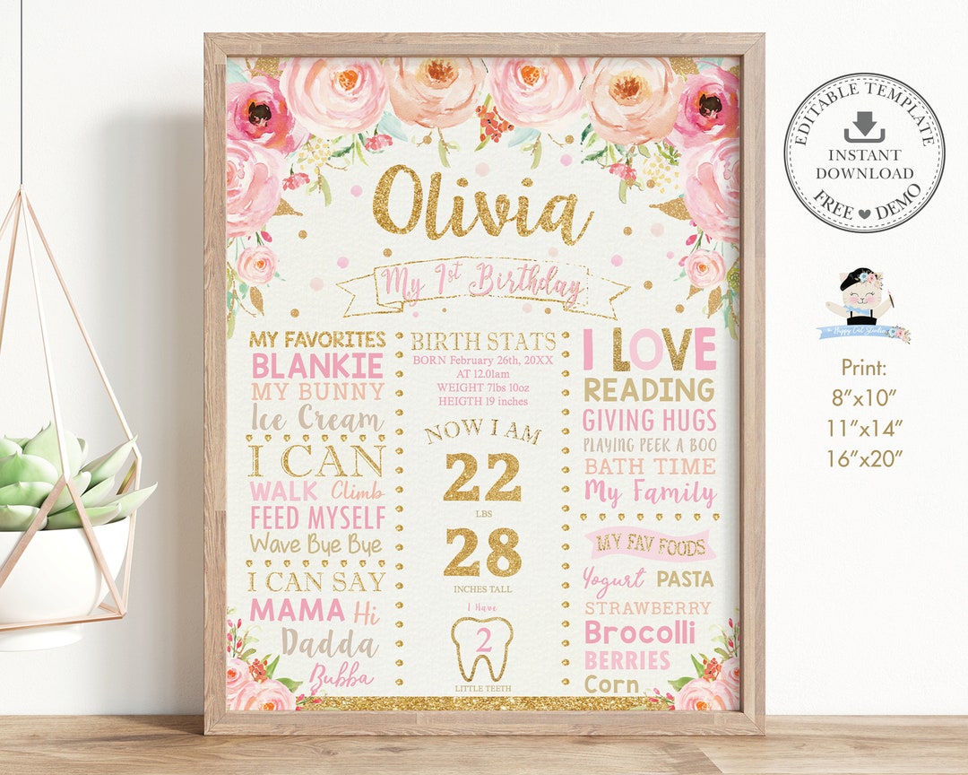 1st Birthday Milestones Sign, EDITABLE TEMPLATE, First Year One Birth ...