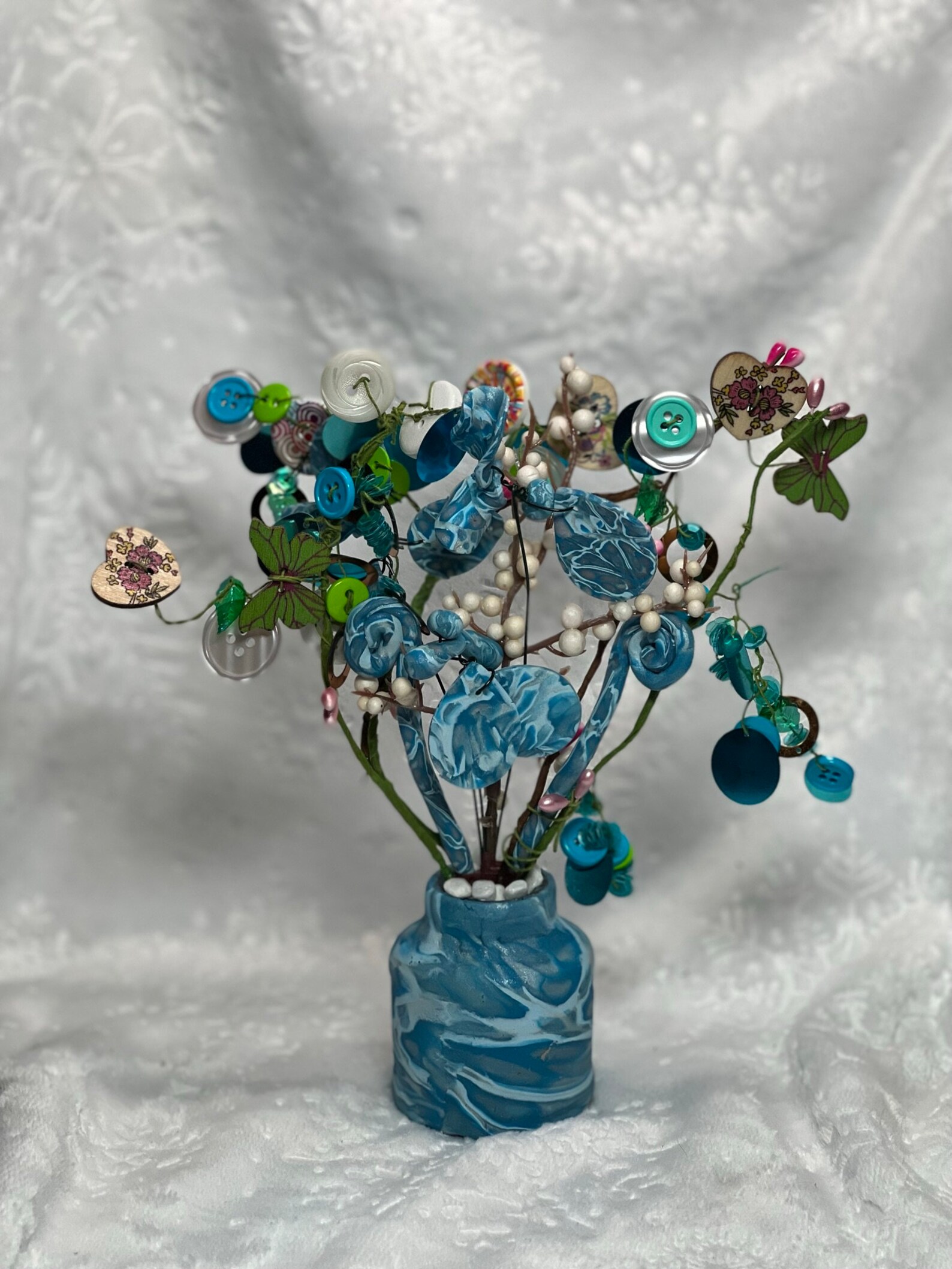 Button Tree / Button Flower Bouquet / Hand Made Clay Pot / Shabby ...