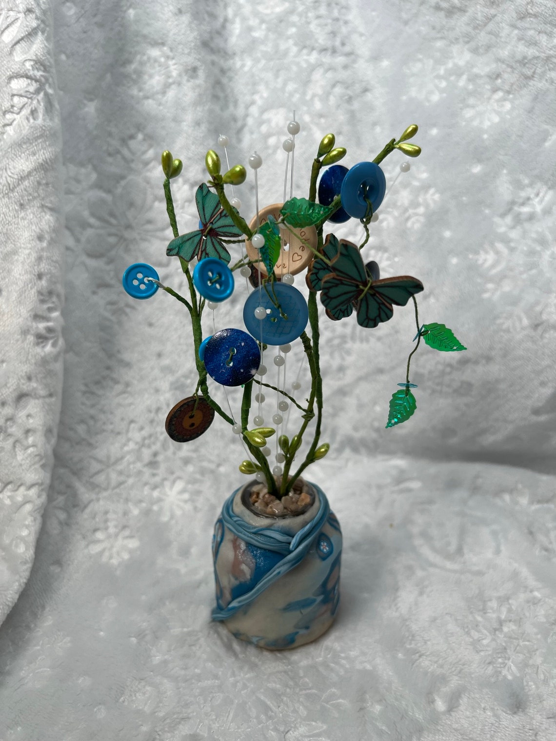 Button Tree / Button Flower Bouquet / Hand Made Clay Pot / Shabby ...
