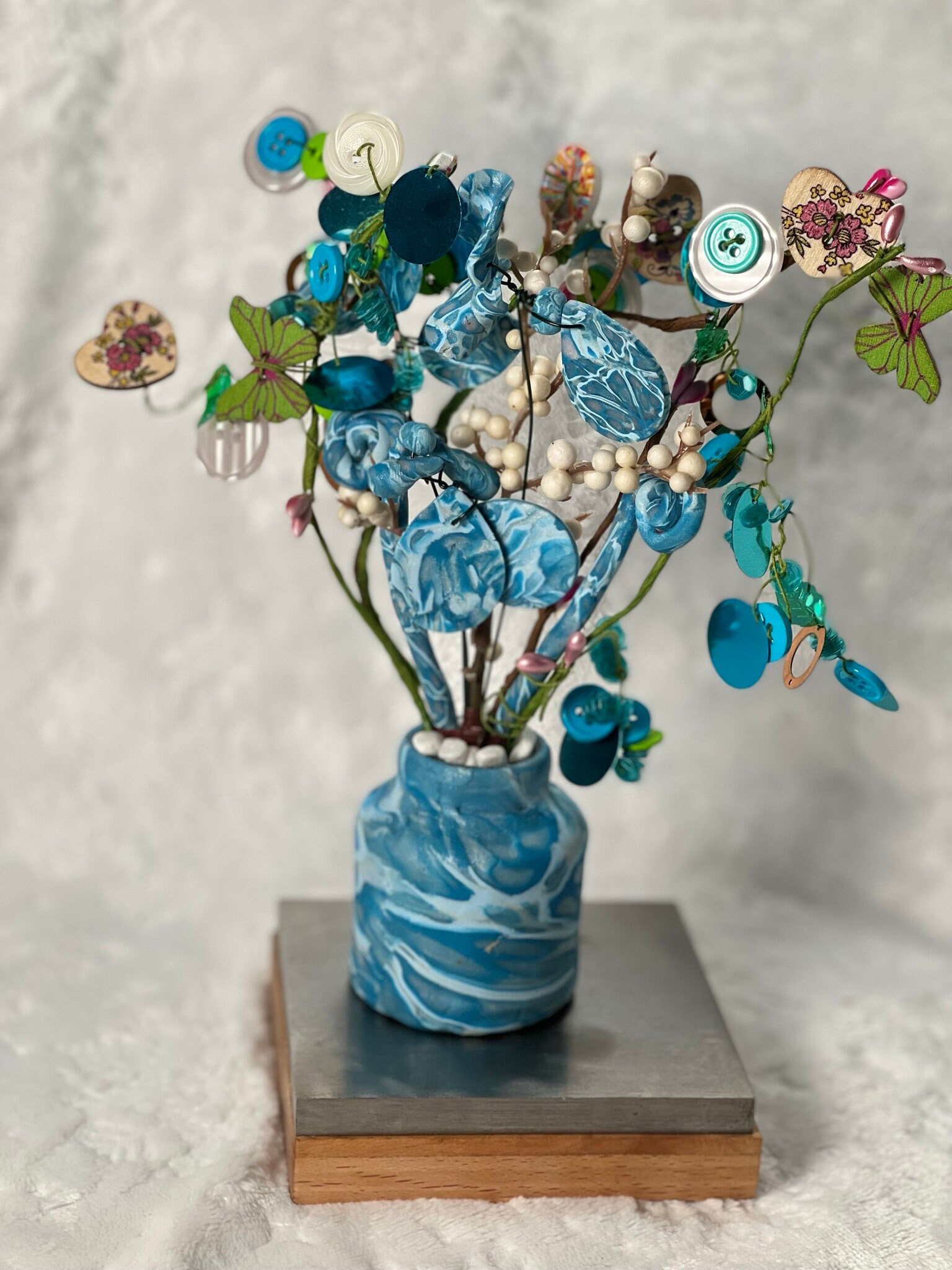 Button Tree / Button Flower Bouquet / Hand Made Clay Pot / Shabby ...