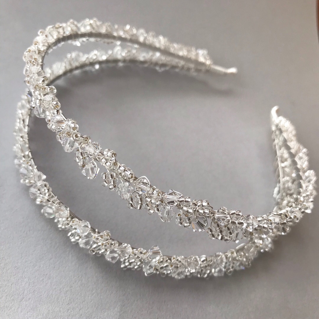 GRETA | Double Crystal Bridal Headband, Silver Double Wedding Headband ...
