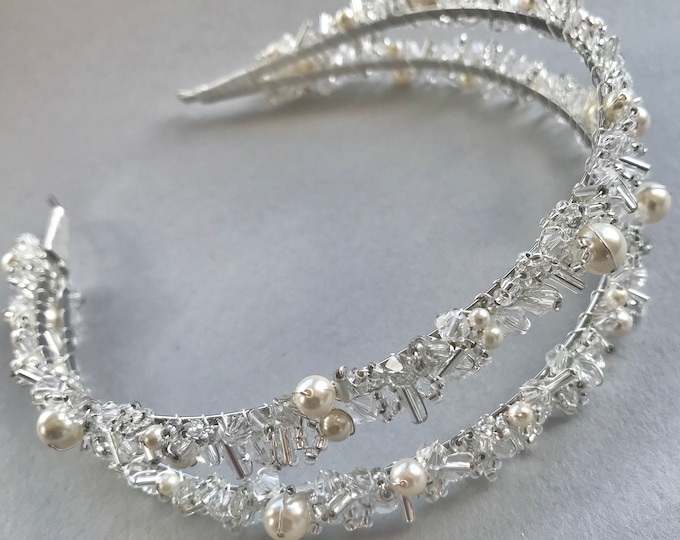 GRETA | Double Crystal Bridal Headband, Silver Double Wedding Headband ...