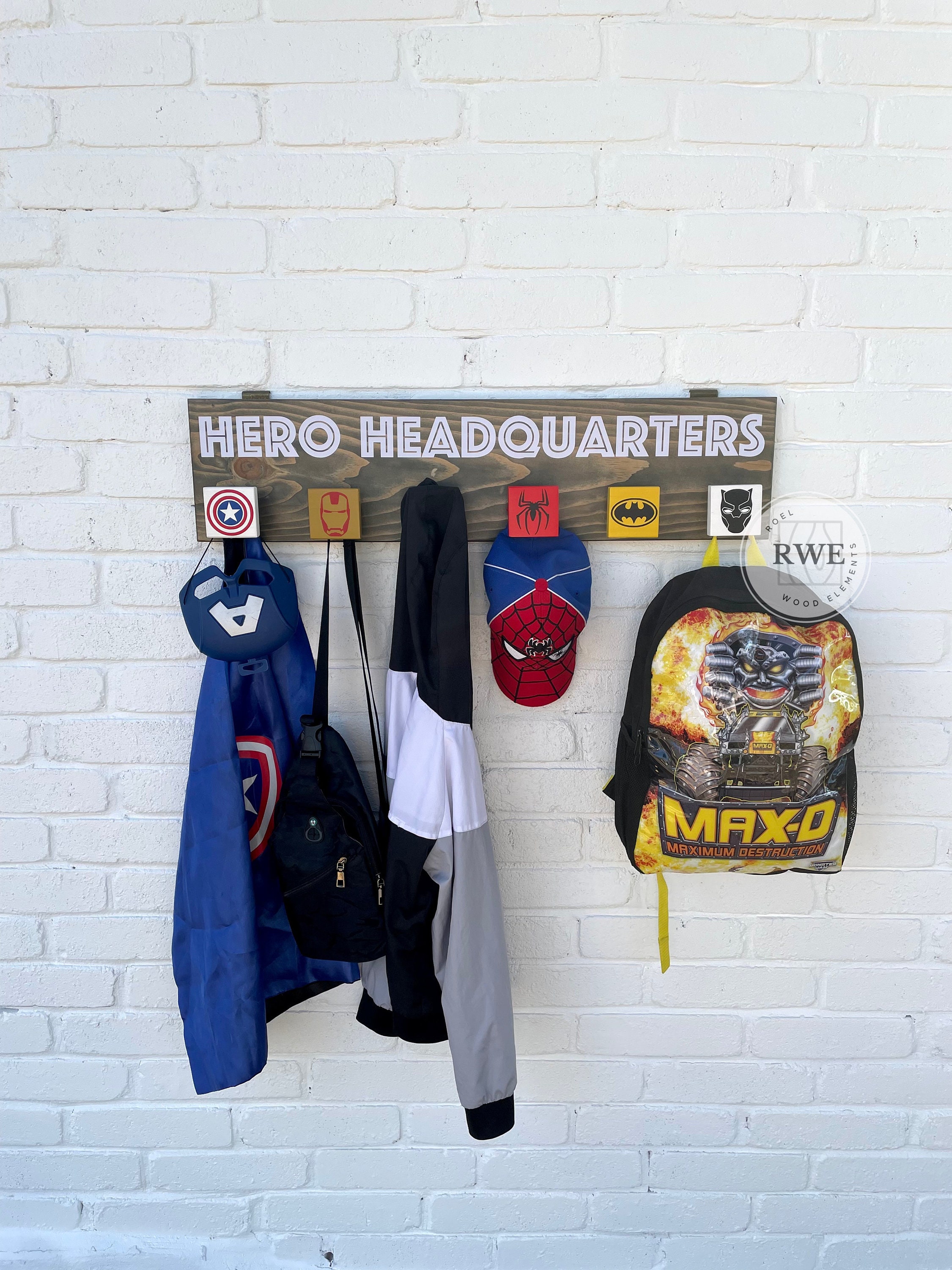 HERO HEADQUARTERS Wall Hooks Super Hero Costume Holder Backpack Holder ...