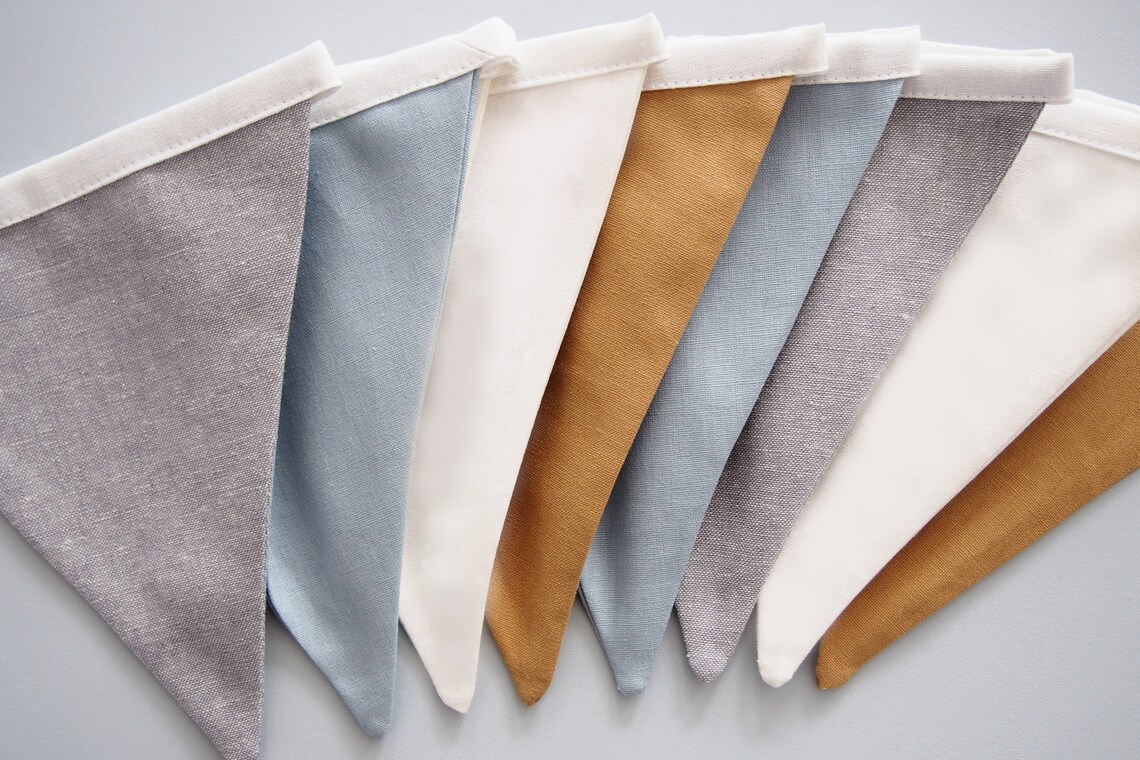 Blue Gray LINEN Flag Bunting Banner Fabric Flag Garland | Etsy