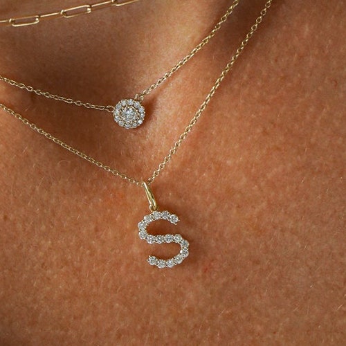 14k Gold Diamond Initial Necklace / Diamond Letter Necklace / - Etsy