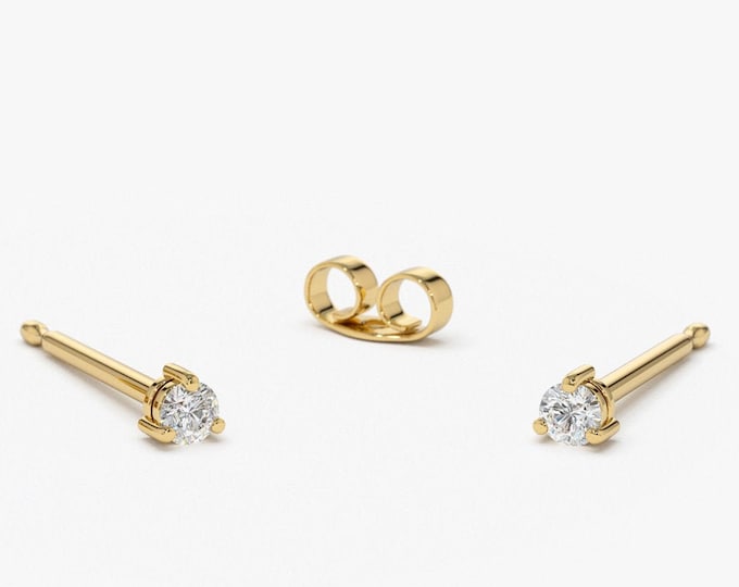 14k Gold Diamond Studs / 3 Prong Mini Diamond Studs / 14k Tiny | Etsy