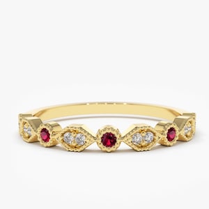 14k Gold Art Deco Ruby and Diamond Half Eternity Womens Wedding Ring / Stackable Ruby Diamond ...