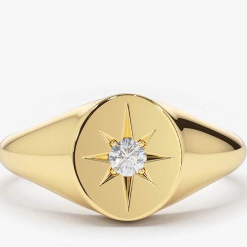 Diamond Signet Ring 14k Gold / Star Setting Diamond Signet - Etsy