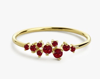 Dainty Ruby Ring / Ruby Cluster Ring / 14k Gold Ruby Ring / Genuine Ruby Ring / Natural Ruby ...