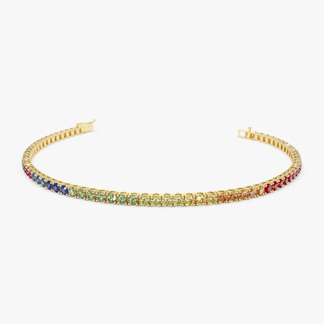 Rainbow Sapphire Bracelet / 14K Multi-color Sapphire Tennis Bracelet ...