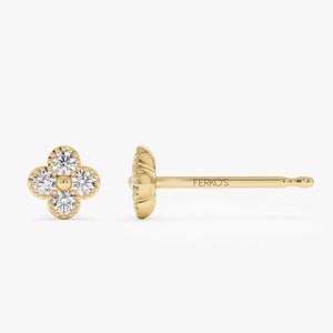 Diamond Clover Studs, 14K Solid Gold Flower Clover Stud Earrings, Dainty Diamond Studs ...
