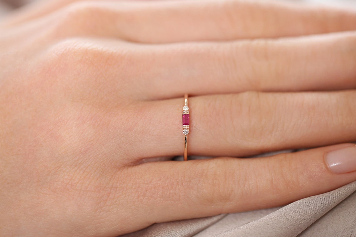 Ruby Ring / Baguette Ruby Ring / 14k Rose Gold Minimalist Ruby - Etsy