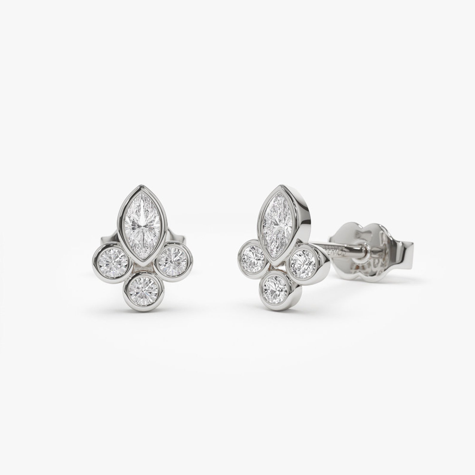 Diamond Studs / 14k Gold Marquise Shape and Round Diamond Earrings ...