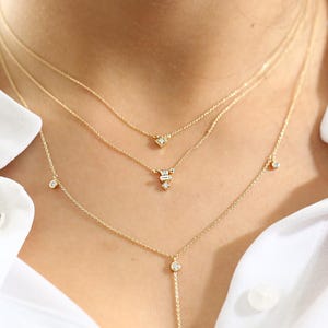 Baguette Diamond Necklace/ 14k Gold Baguette and Round Cut Diamond ...