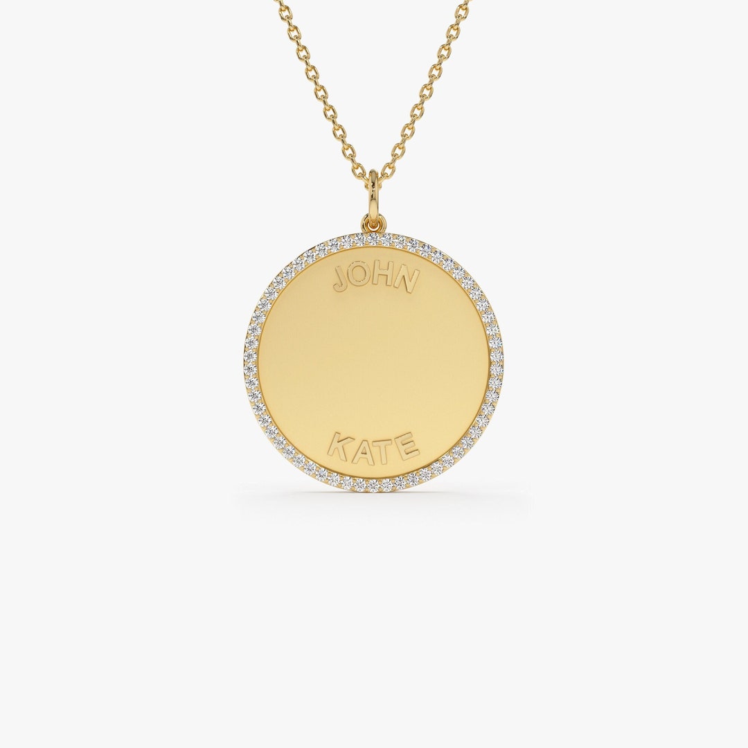 Personalized Diamond Medallion Necklace, 14K Gold Custom Name Disc ...