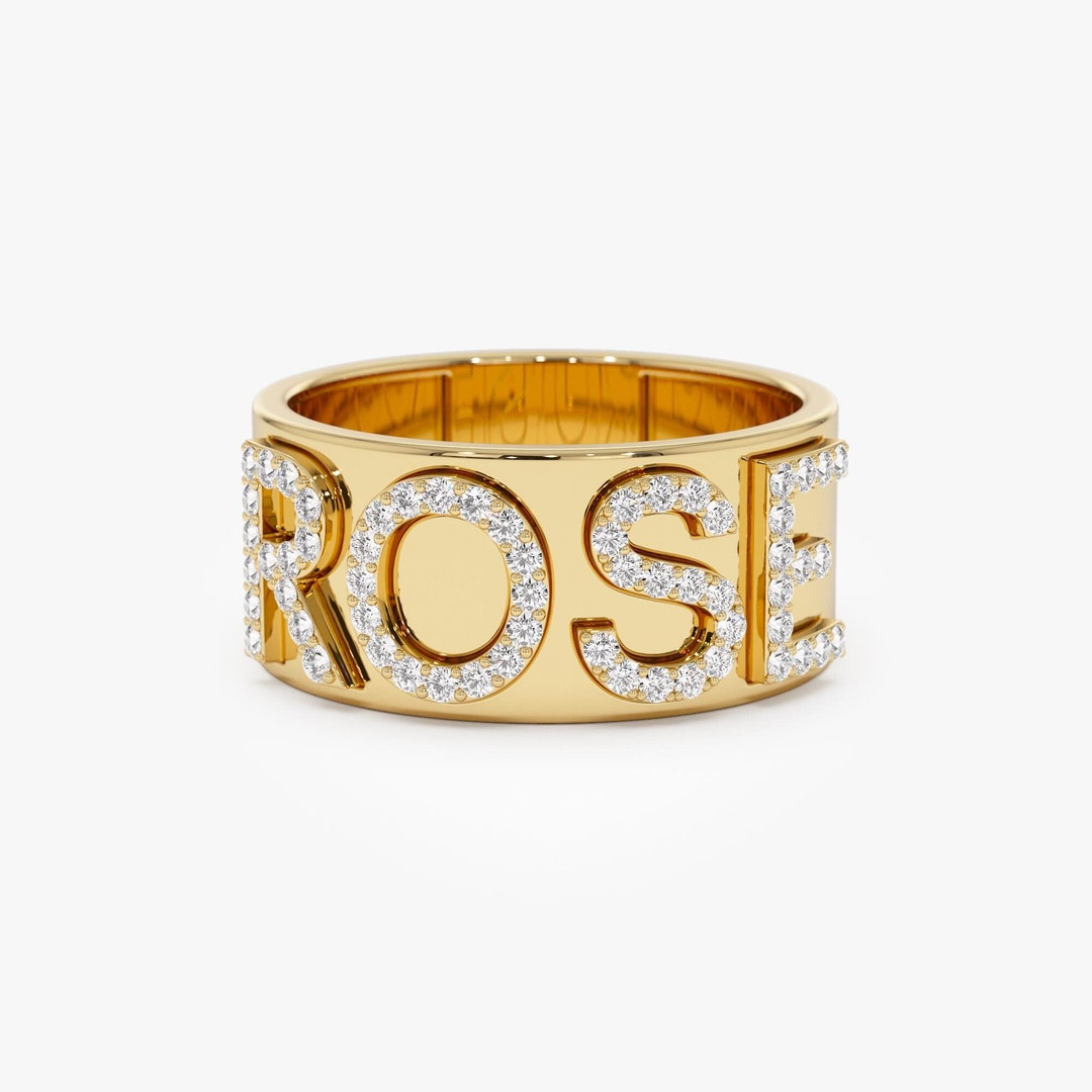 Personalized Diamond Name Ring, 14K Gold Custom Made Chunky Diamond ...