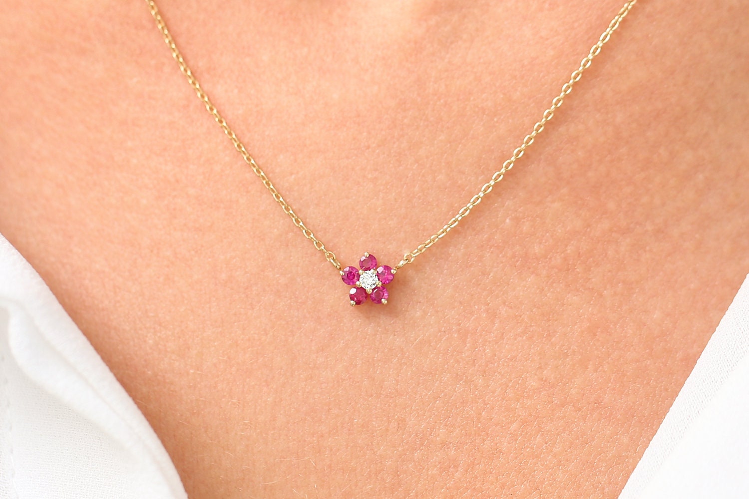 14k Ruby and Diamond Necklace for Women / 14k Gold Necklace / | Etsy