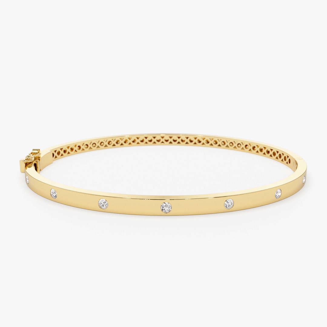 3MM Wide Bangle Bracelet, 7 Diamond Bezel Setting Bracelet, Layering ...