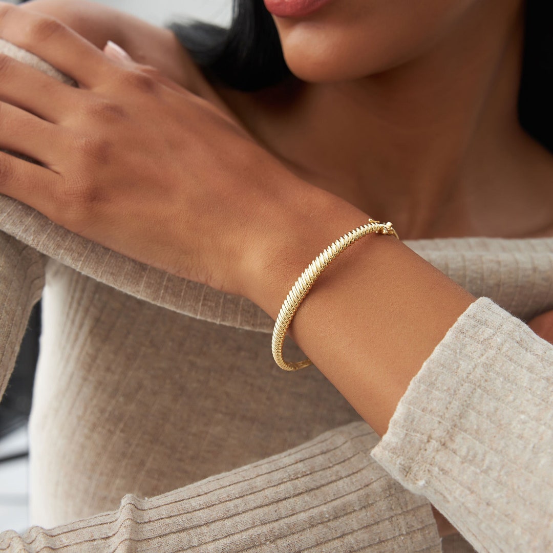 Gold Rope Bracelet, 14K Gold Twist Bangle Bracelet, Real 14K Gold ...