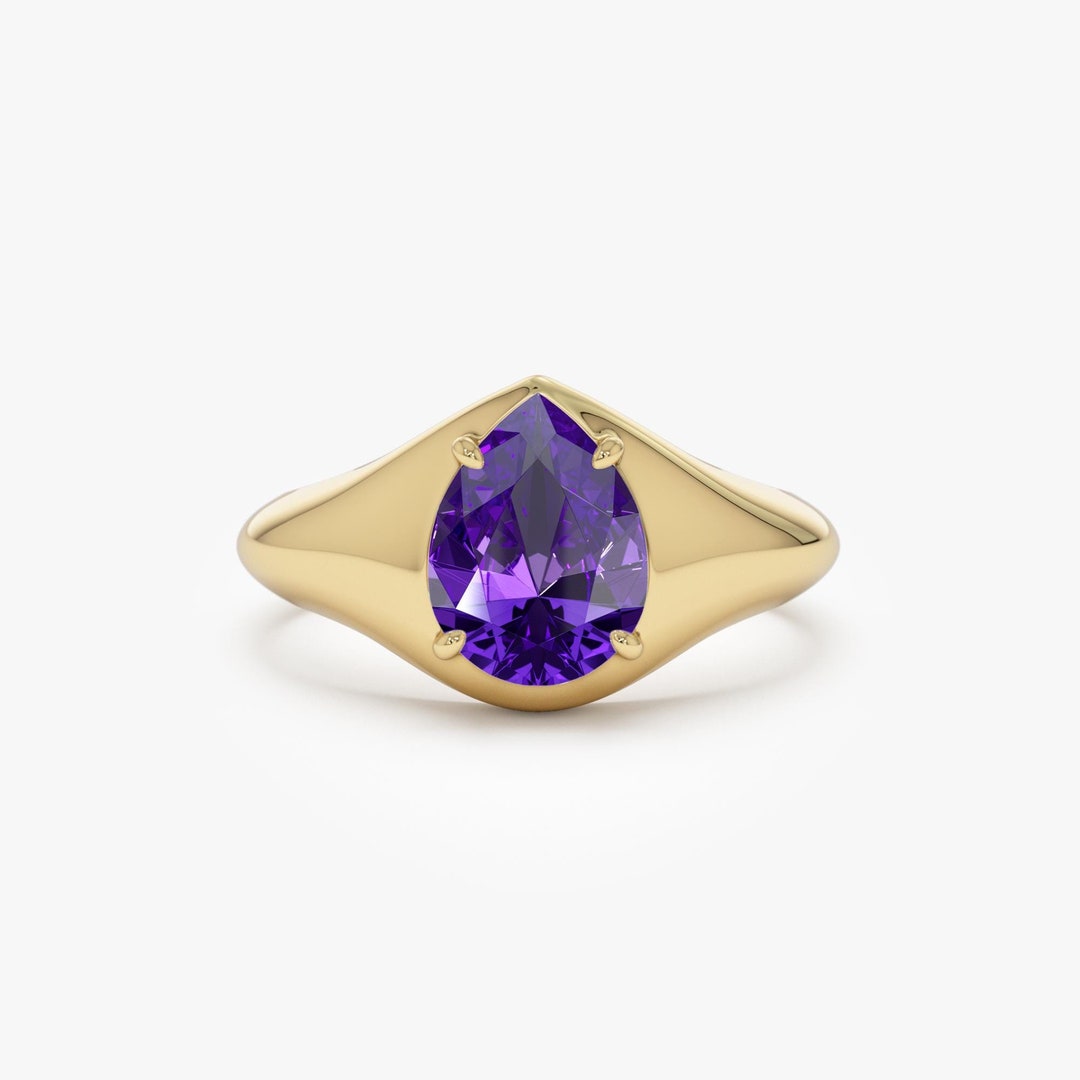 Pear Shape Amethyst Signet Ring, 14K Solid Gold 1.05 Ctw Dainty ...