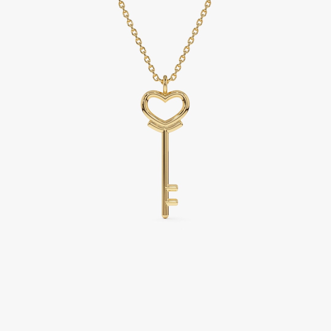 Heart Key 14k Solid Gold Necklace for Women, Dainty Gold Heart Key ...