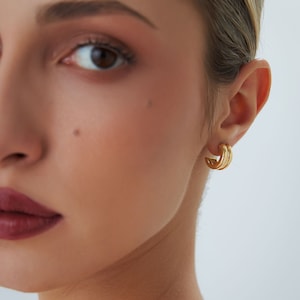 14k Gold Hoops, 14k Solid Gold Twin C Hoops, Double Gold Hoops, Unique ...