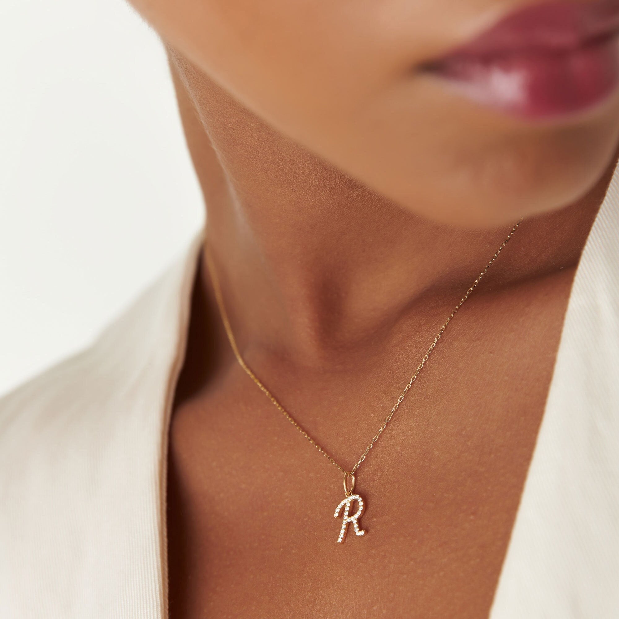 Diamond Initial Necklace / Diamond Script Font Custom Necklace / 14K ...