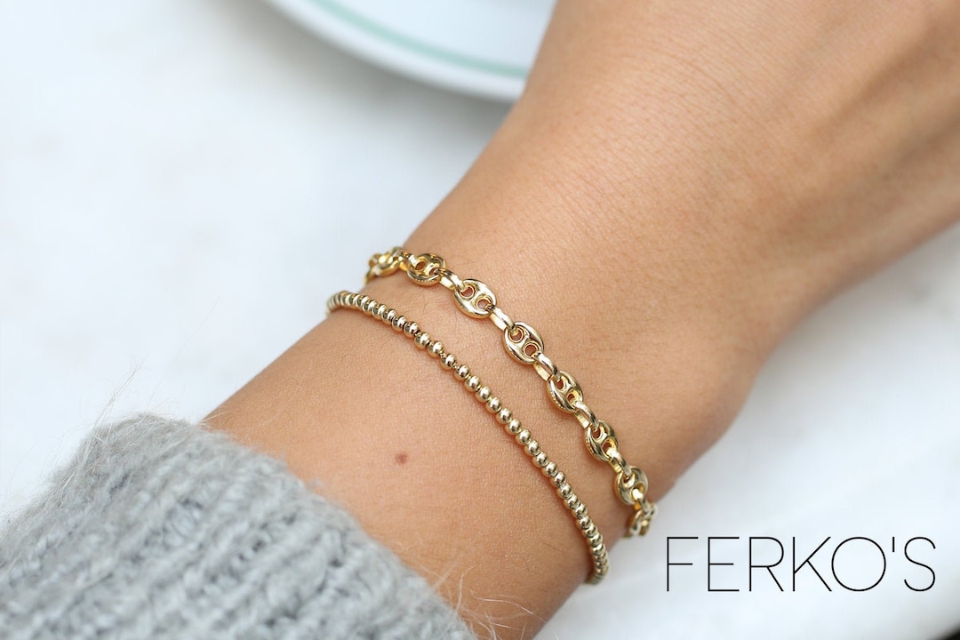 Gold Bracelet / 14k Solid Gold Thick Gold Puffed Mariner Chain Bracelet ...