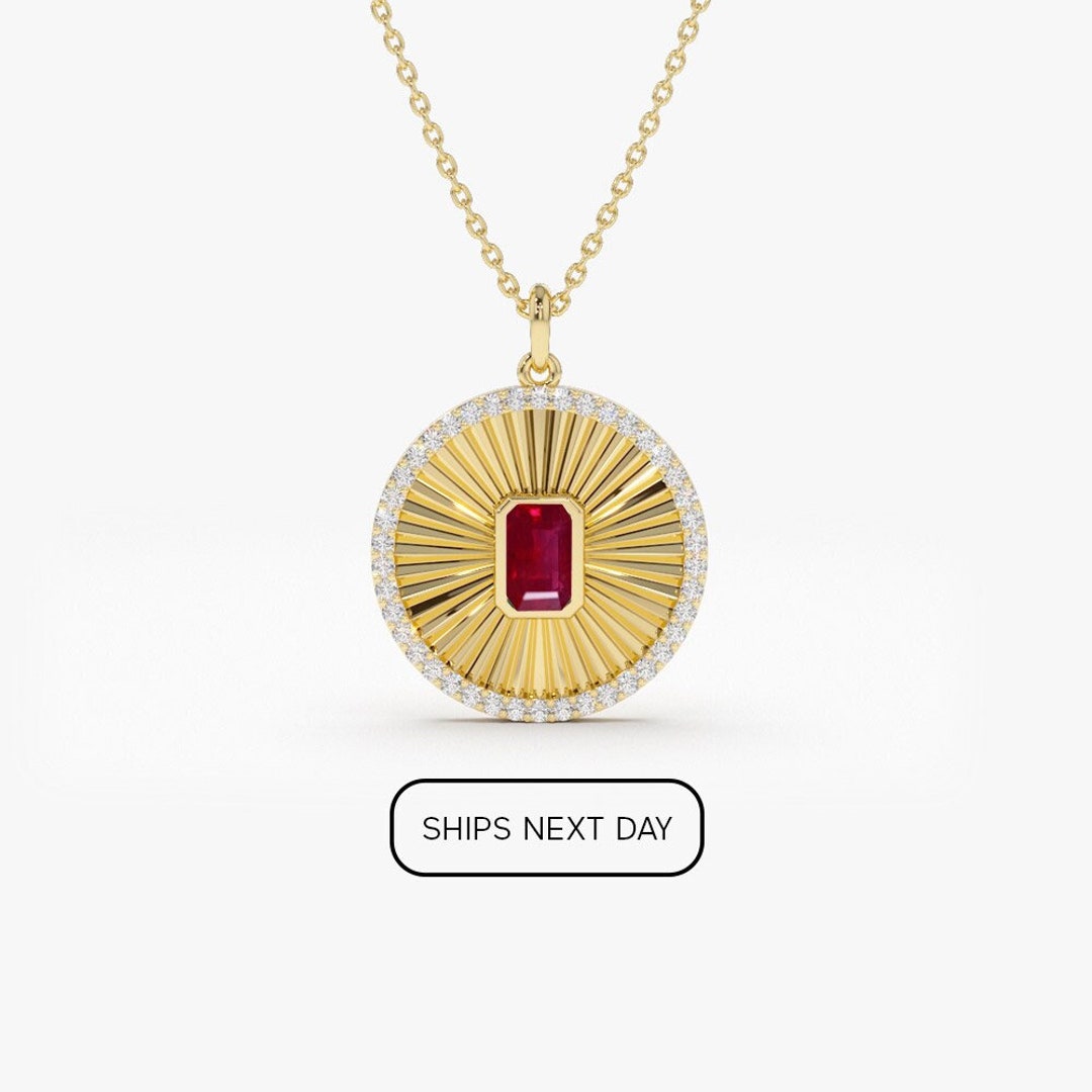 Ruby Necklace / 14k Gold Ruby and Diamond Ballerina Disc Medallion ...