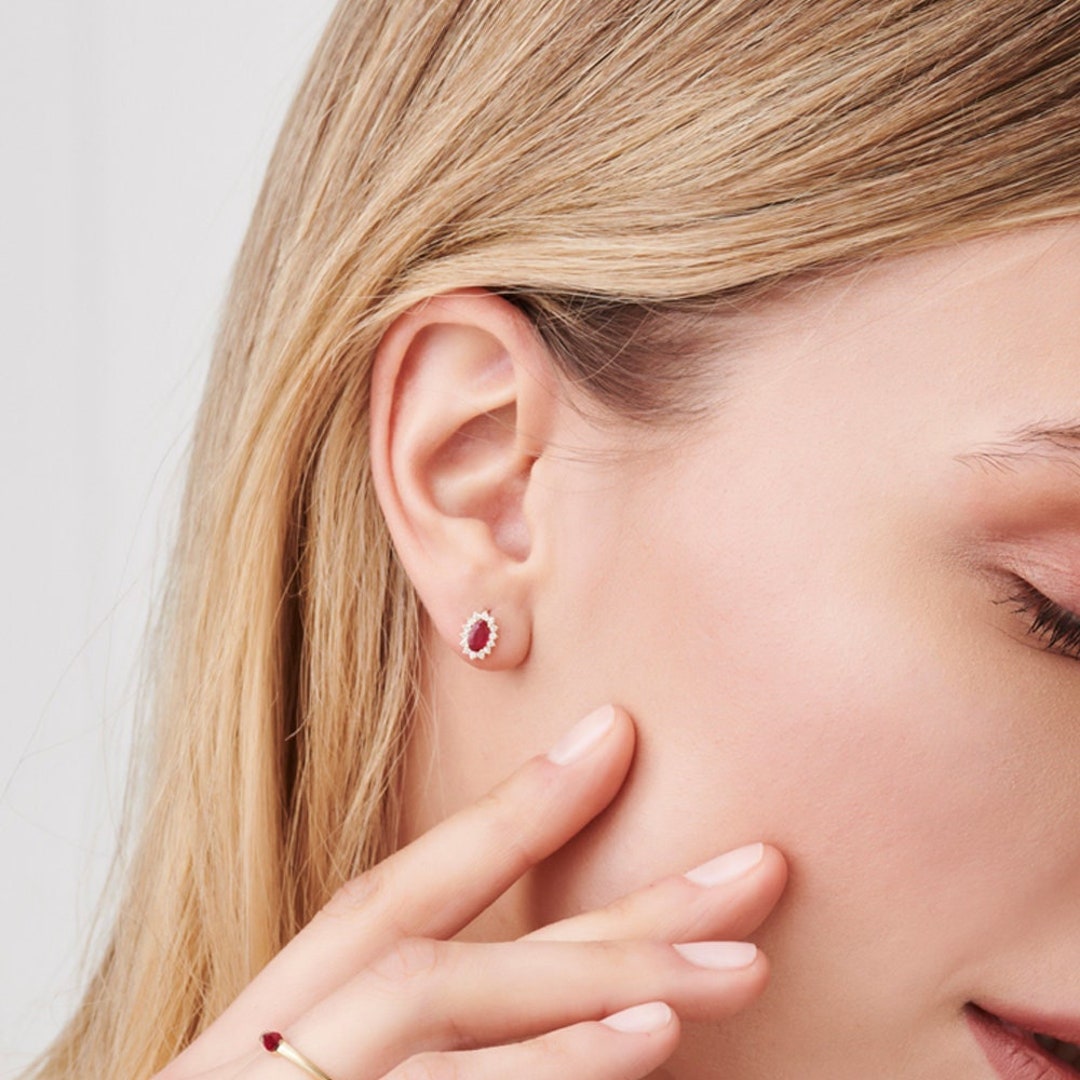 Ruby Earrings /14k Oval Cut Ruby Earrings With Diamonds / Natural Ruby ...