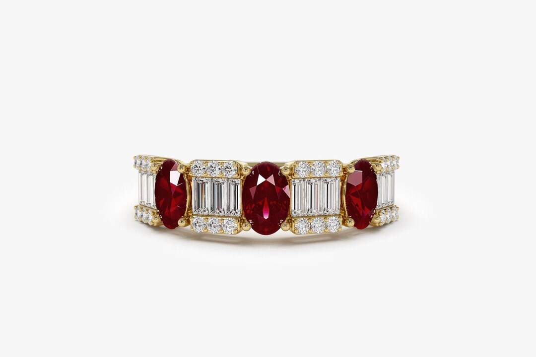Ruby Ring / 14k Gold Baguette and Round Diamond Ring With Genuine Ruby ...