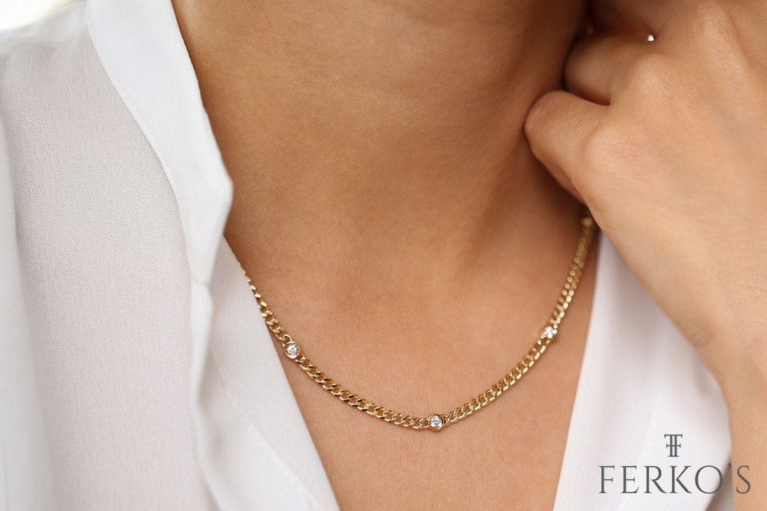 Gold Necklace / 14k Gold Cuban Link Chain Necklace With Bezel Setting ...