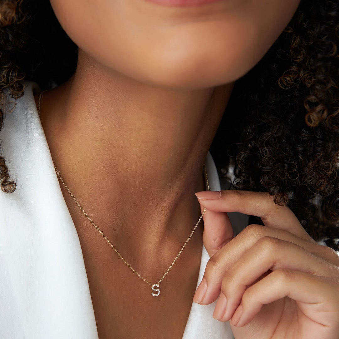 14k Gold Diamond Initial Necklace / Diamond Letter Necklace / Pave ...