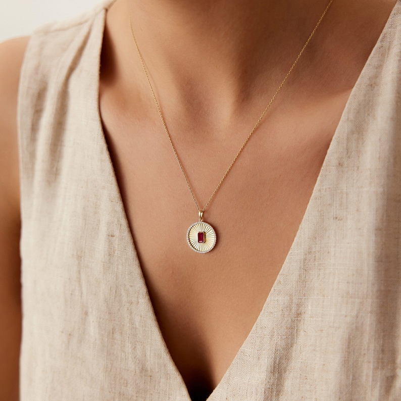 Ruby Necklace / 14k Gold Ruby and Diamond Ballerina Disc Medallion ...