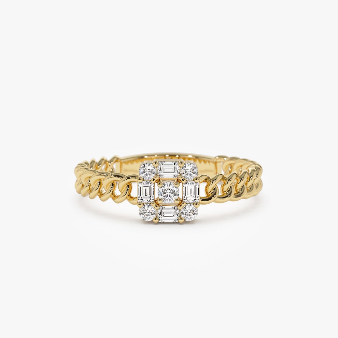 14k Gold Diamond Curb Link Ring / Illusion Setting Baguette and Round ...