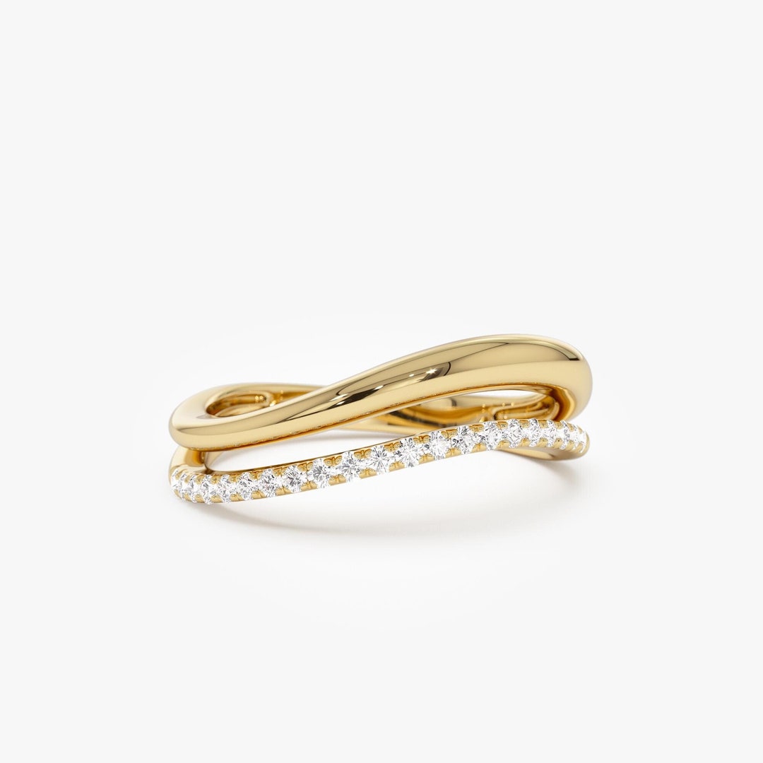 Unique Diamond Ring, 14K Gold Dainty Two Row Half Eternity Curved ...