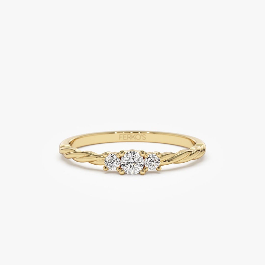 14k Gold Three Stone Dainty Diamond Twisted Ring / 14K Gold Round ...