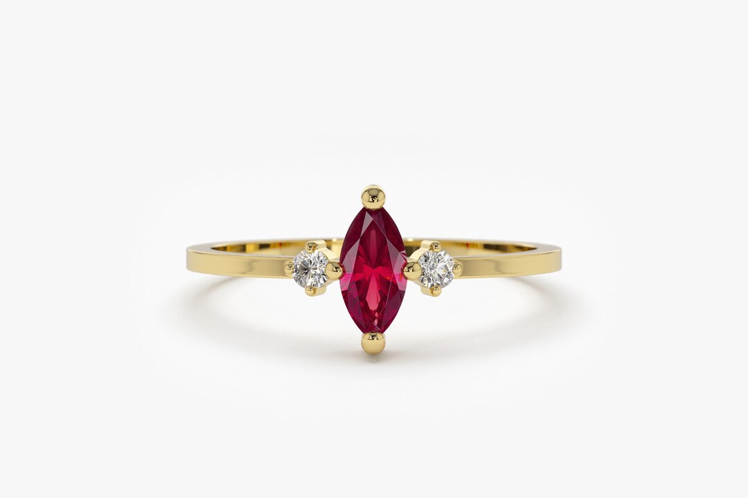 14k Stackable Natural Ruby Ring / Marquise Ruby Ring and Diamond Ring / Dainty Ruby Ring ...