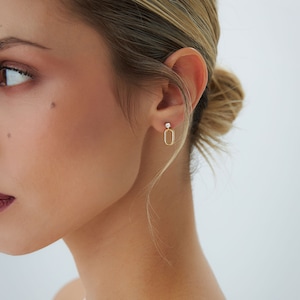 Dainty Oval Link Earrings, 14K Drop Earrings, Paperclip Push Back Earrings, Round Diamond Dangle ...