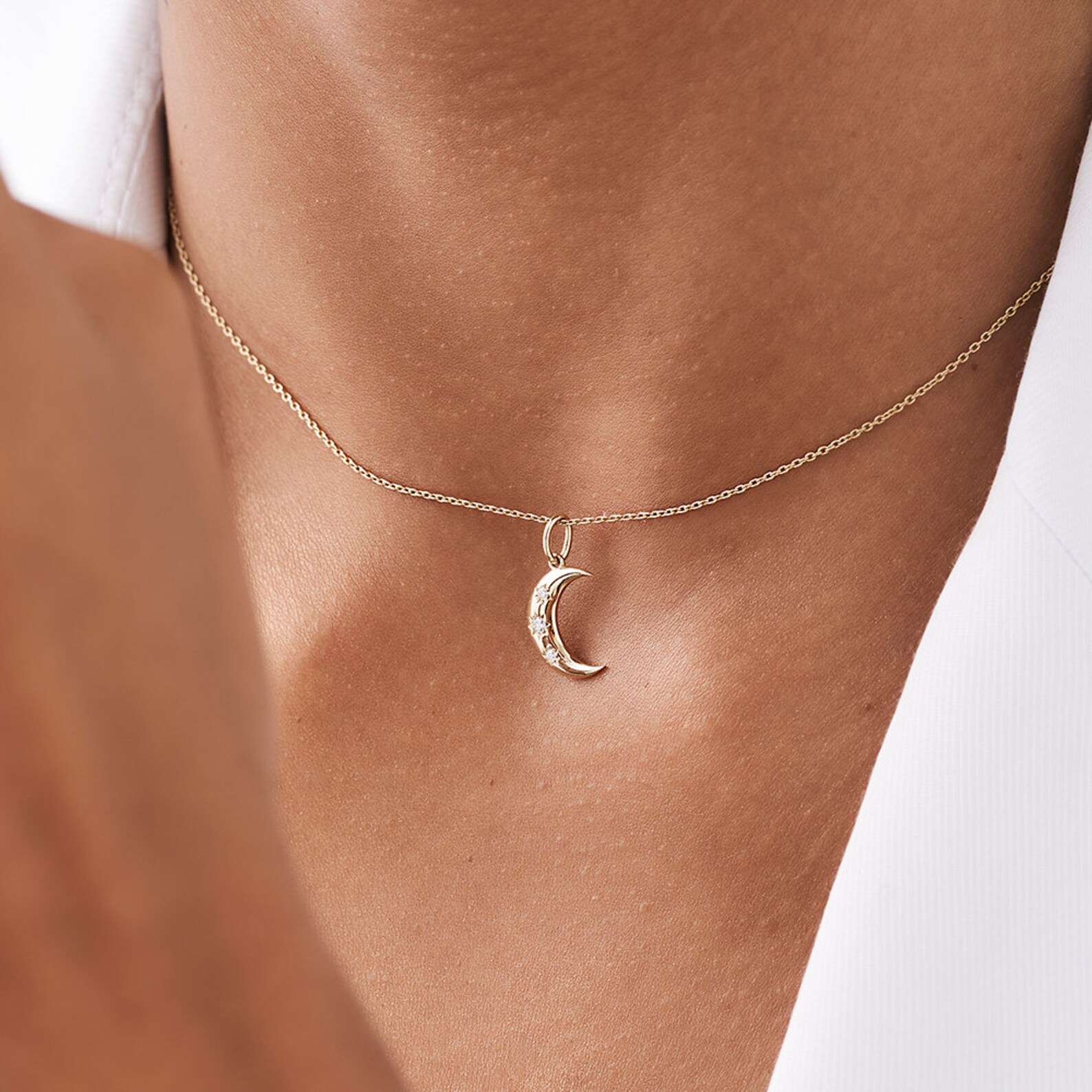 Star Setting Diamond Necklace / 14k Gold Dainty Delicate Minimal ...