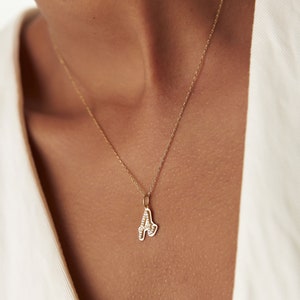 14K Solid Gold Script Font Diamond Initial Necklace, Double Layered 3D ...