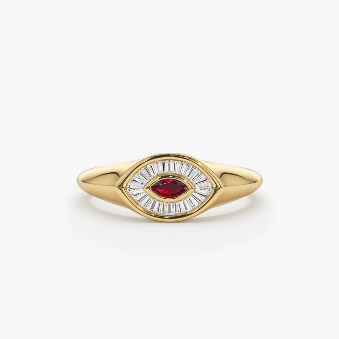 Ruby Ring / 14k Gold Marquise Shaped Ruby Evil Eye Stacking Ring / Ruby ...