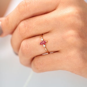 14k Stackable Natural Ruby Ring / Marquise Ruby Ring and Diamond Ring / Dainty Ruby Ring ...