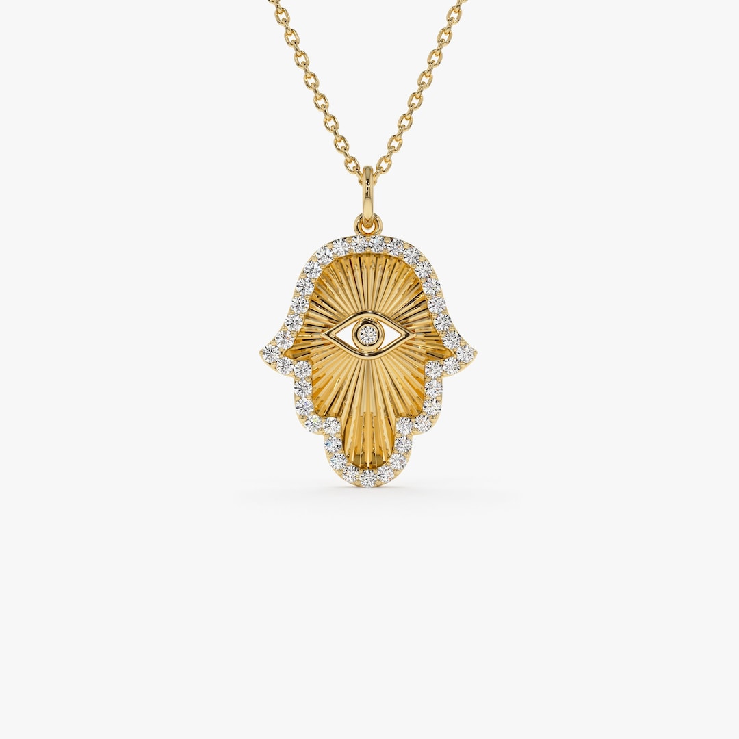 Diamond Hamsa Necklace / 14k Gold Diamond Hamsa & Evil Eye Hand of ...