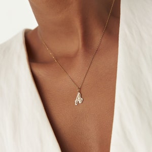 14K Solid Gold Script Font Diamond Initial Necklace, Double Layered 3D ...